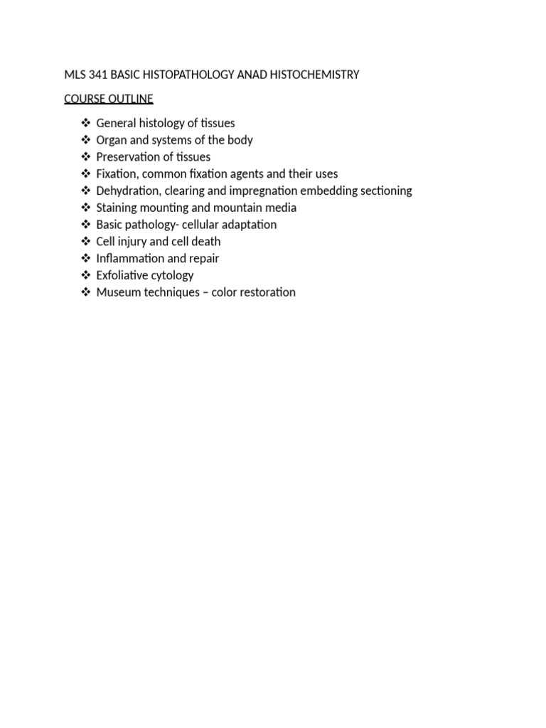 Mls 341 Basic Histopathology Anad Histochemistry | PDF