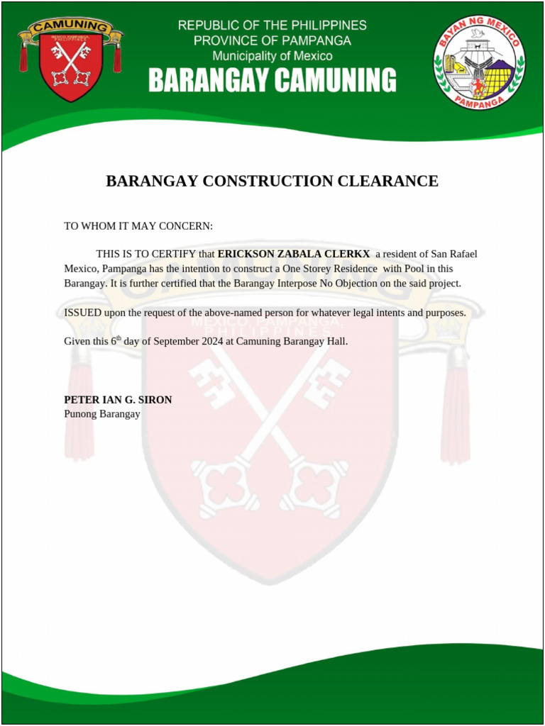 Barangay Construction Clearance Certificate | PDF