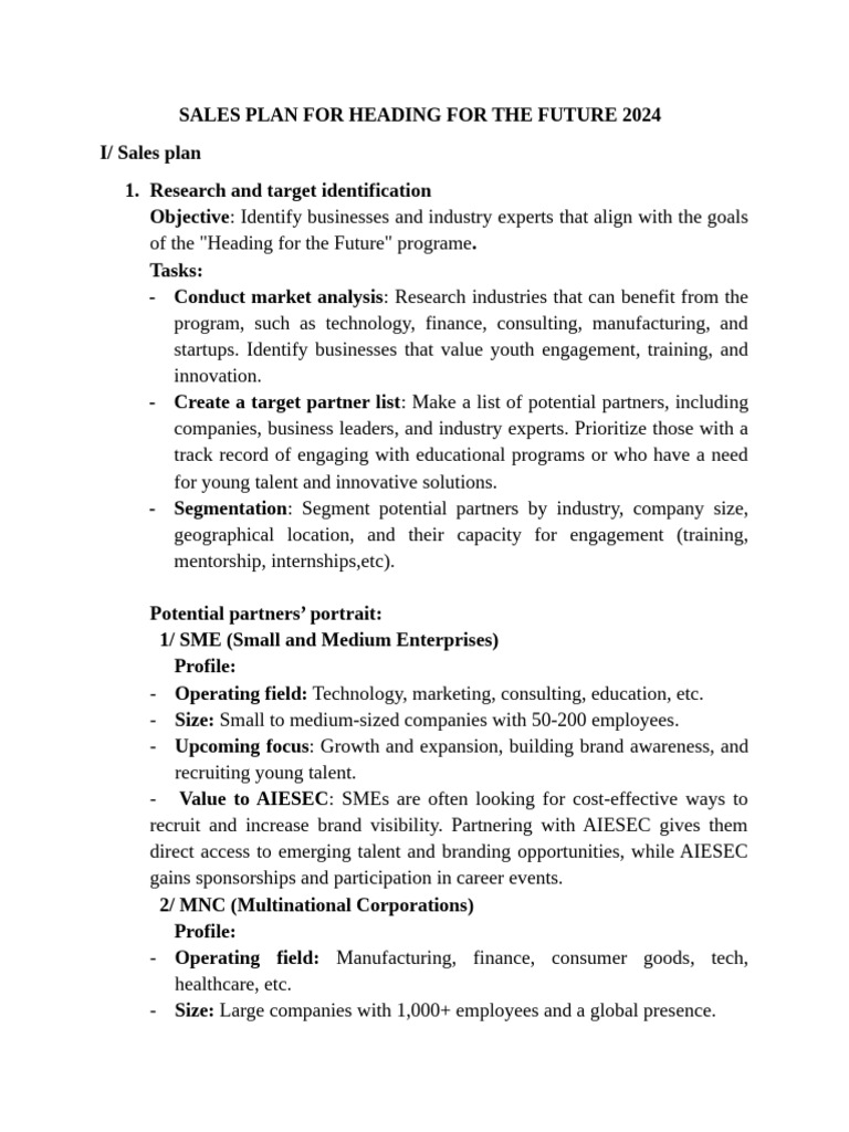 Sales Plan For Heading For The Future 2024 | PDF | Mentorship | Brand