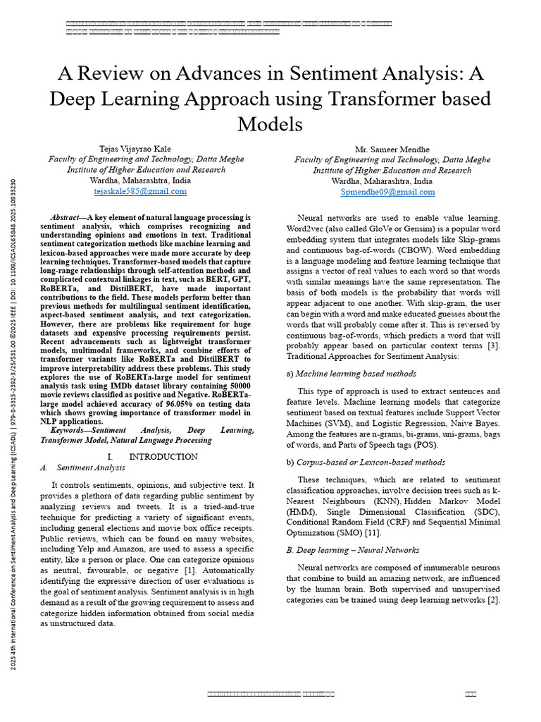A Review On Advances in Sentiment Analysis A Deep Learning Approach Using Transformer Based ...