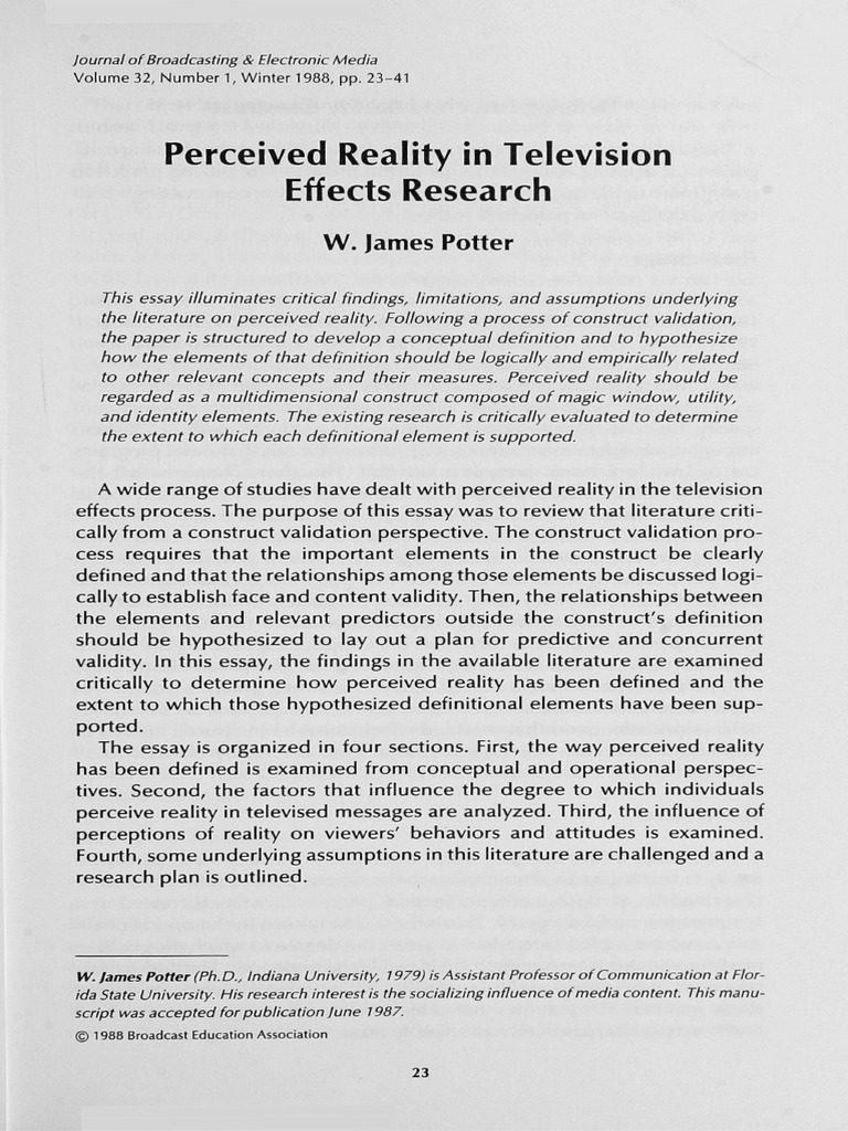 W. J. Potter, 1988 Perceived Reality in Television Effects Research ...