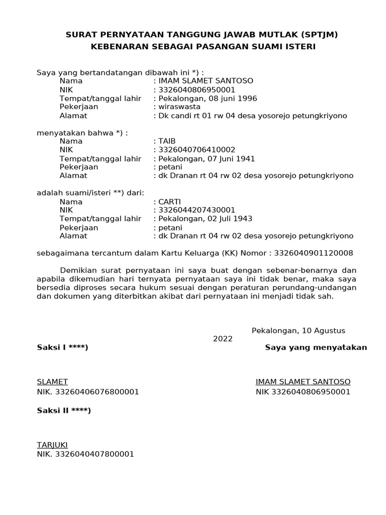 SPTJM Kebenaran Pasangan Suami Istri-Dikonversi | PDF