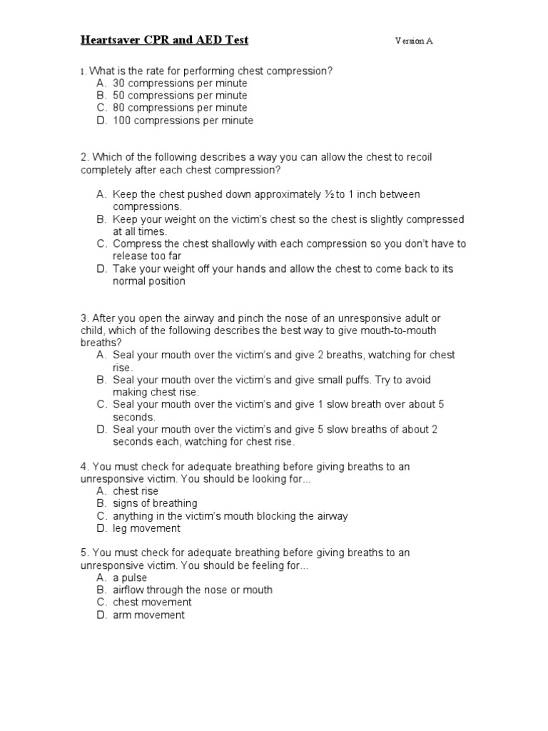 Heart Saver CPR and AED Test | PDF | Cardiopulmonary Resuscitation ...