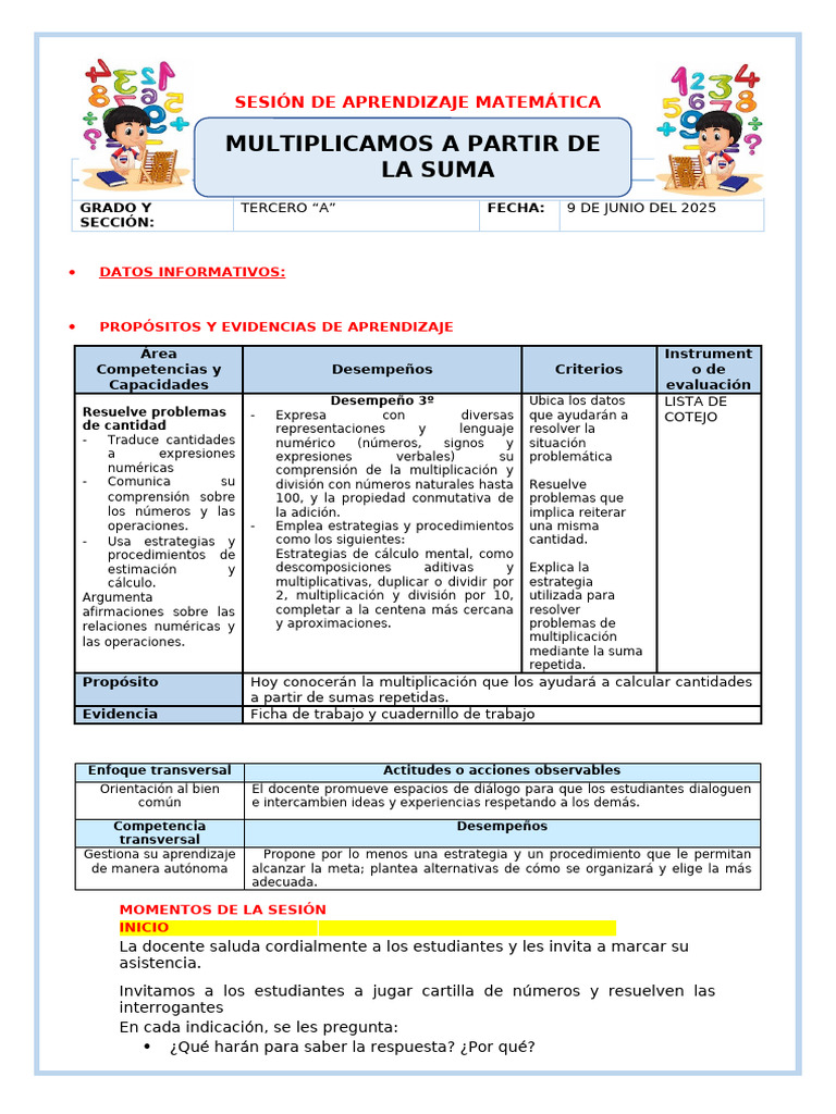 SESION DE MATE MULTIPLICAMOS A PARTIR DE LA SUMA REPETIDA | PDF ...