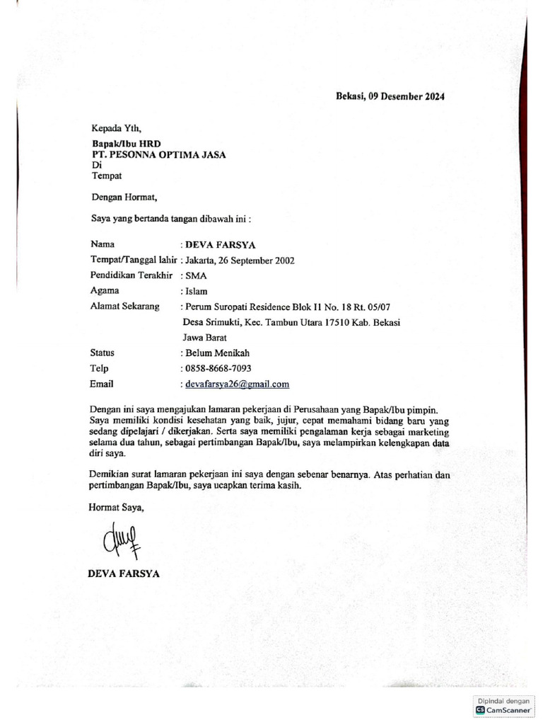 Lamaran & CV Deva Farsya-2024 | PDF