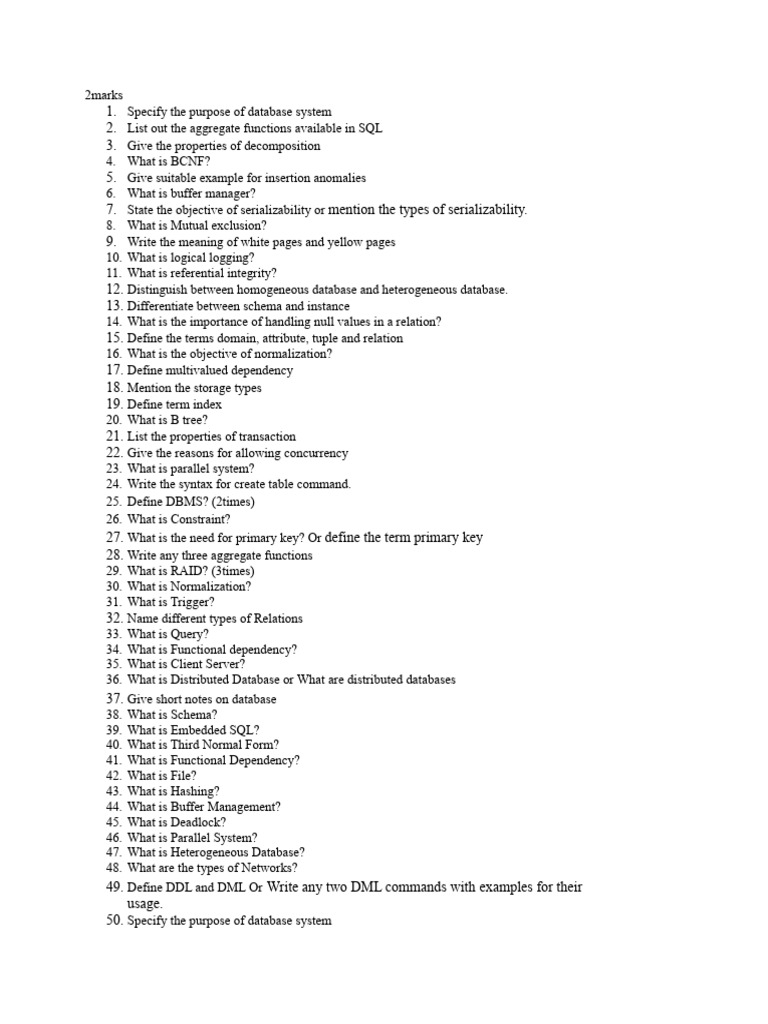 Important Questions DBMS | PDF | Databases | Relational Database