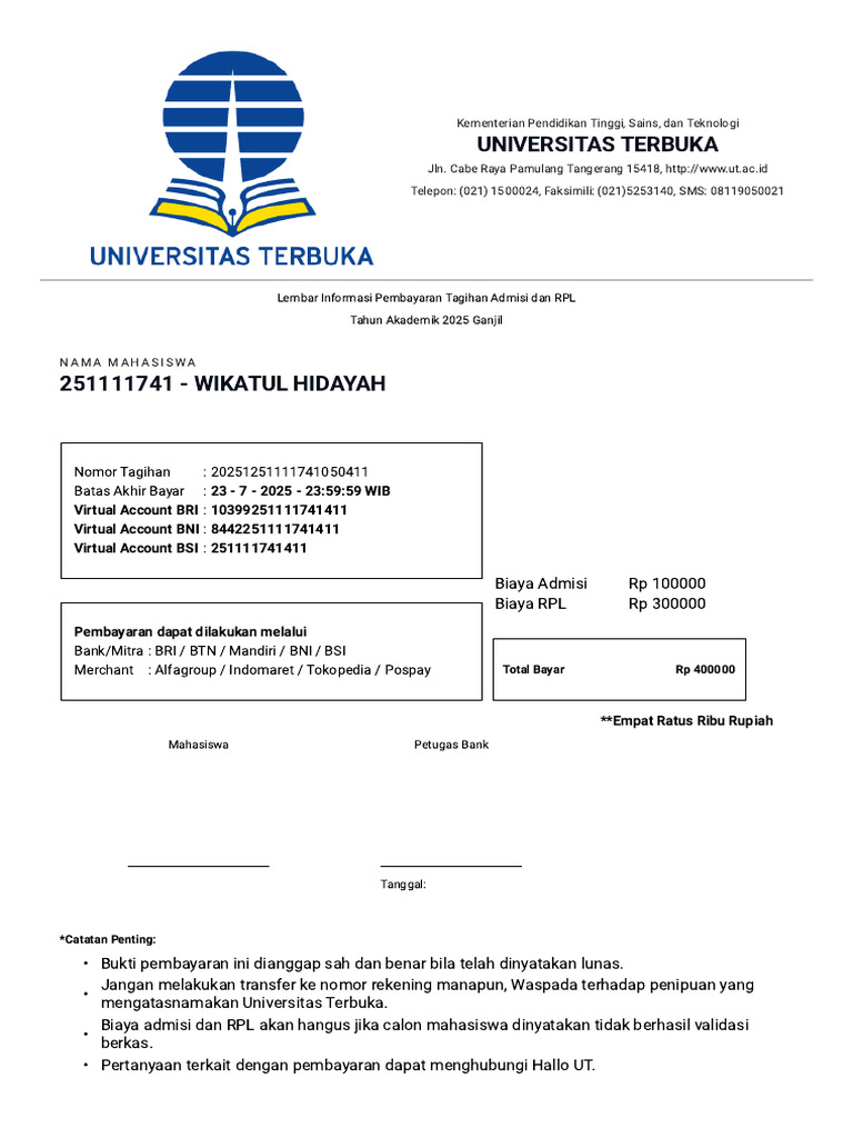 Pembayaran Kuliah UT 2025 dan RPL | PDF