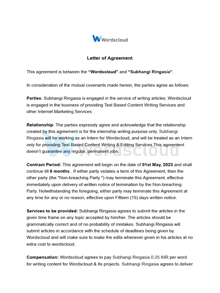 Letter of Agreement - Subhangi Ringasia | PDF | Trade Secret | Common Law