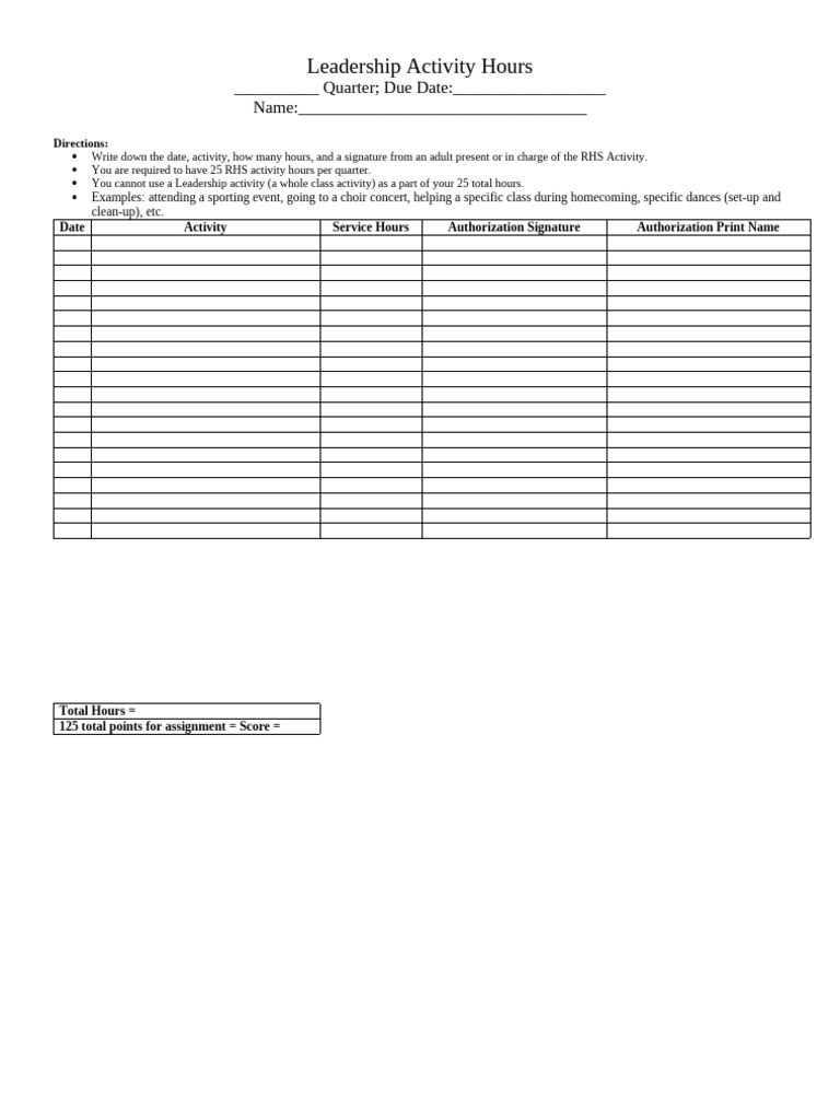 RHS Leadership Activity Log Template | PDF