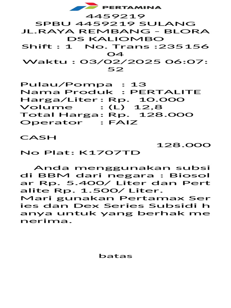 Struk Pertamina TGL 3 Februari 2025 SPBU Sulang | PDF