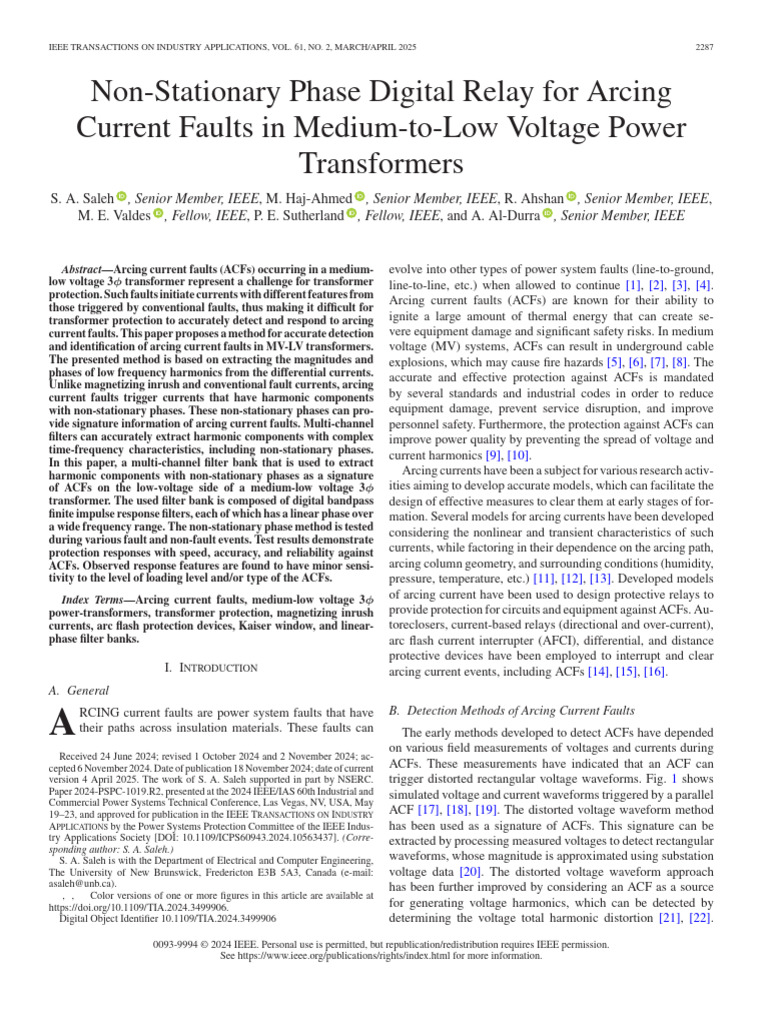 Non-Stationary Phase Digital Relay For Arcing Current Faults in Medium ...