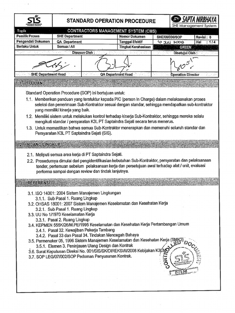 SHE 08 036 SOP Contractors Management System | PDF