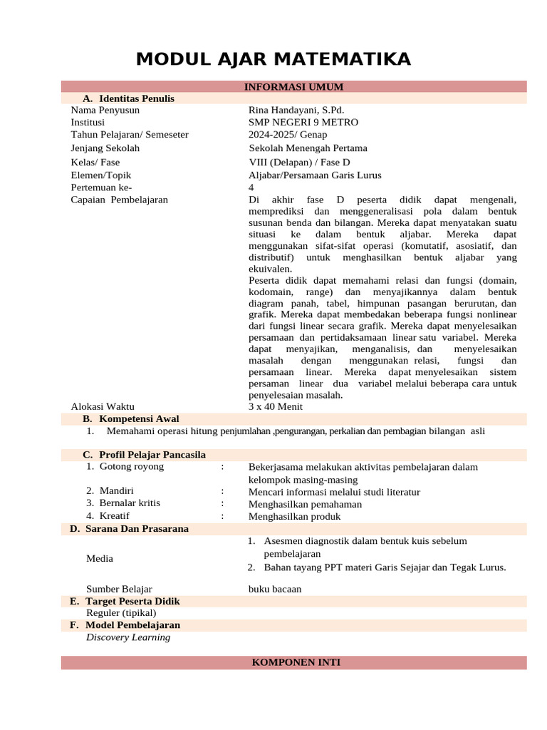 4.6.1 Modul Ajar Persamaan Garis Lurus | PDF