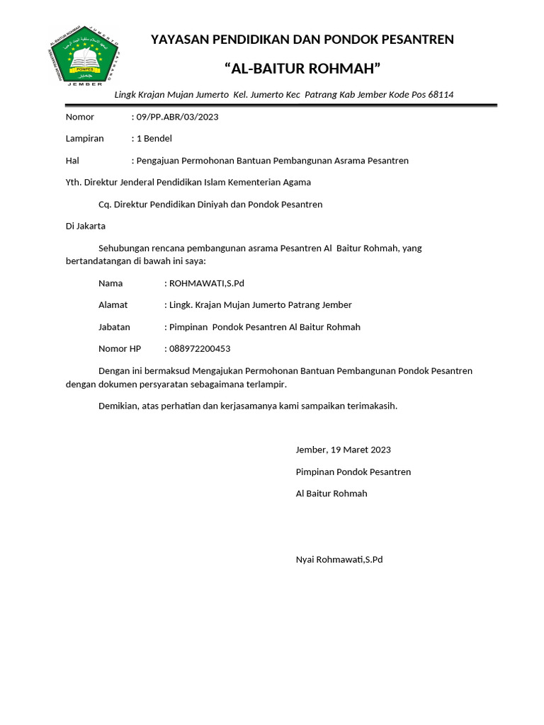 Surat Permohonan Pondok | PDF