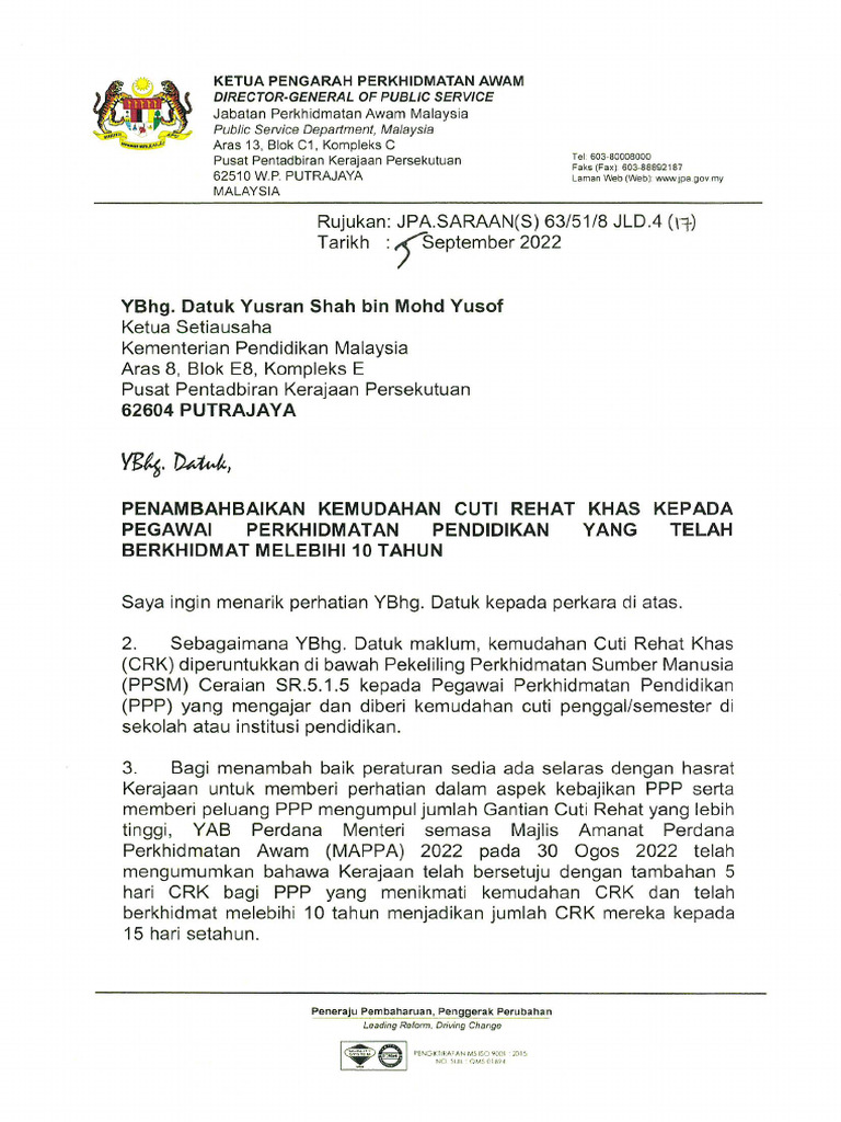 Kemudahan Cuti Rehat Khas KPD Pegawai Perkhidmatan Pendidikan | PDF