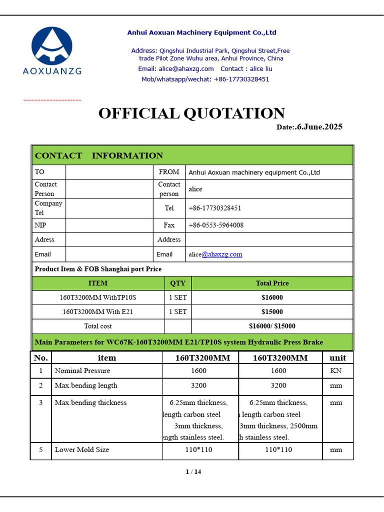 Quotation For 160T3200ME 21 or TP10S Bending Machine | PDF | Mechanical ...