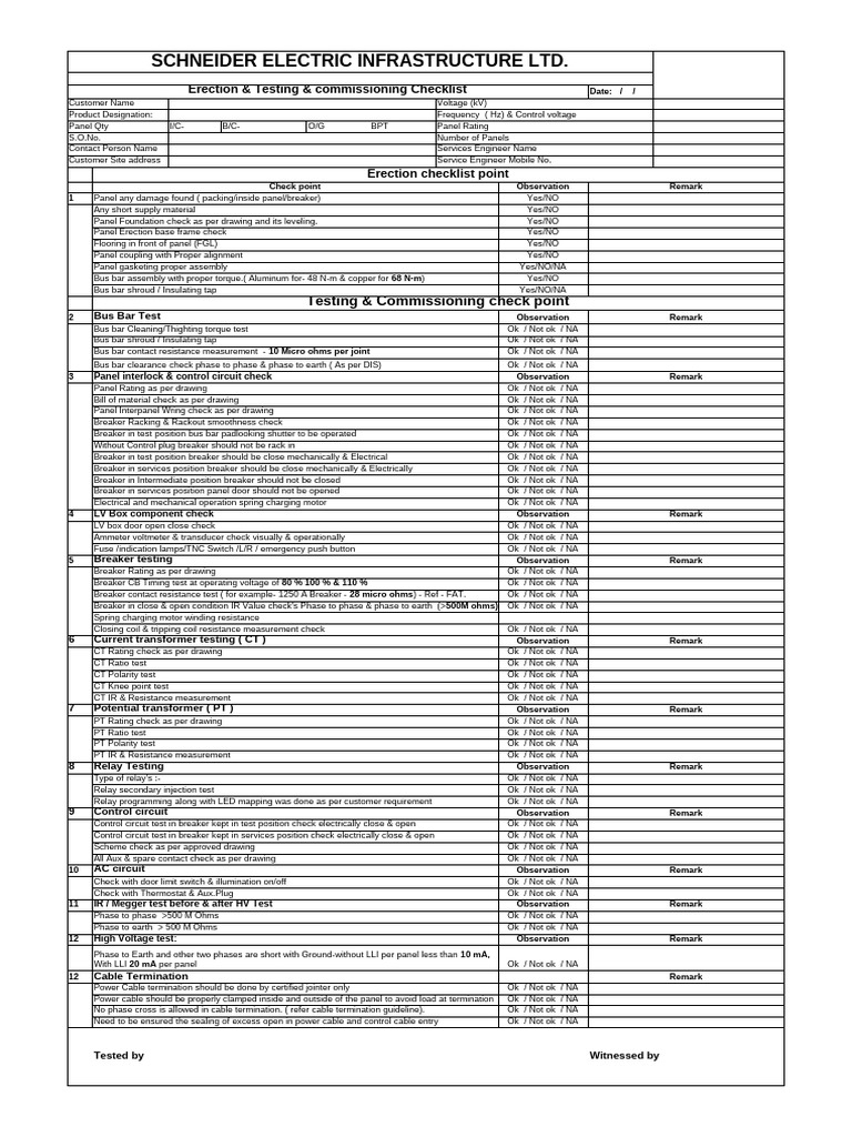 Pre-Commissioning Checklist for Electrical Panel | PDF | Relay | Voltage