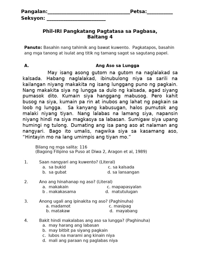 Phil-Iri-Gst Filipino 4 Reading Passage | PDF