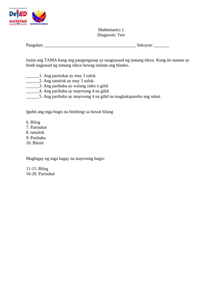 Diagnostic Test - Mathematics 1 | PDF