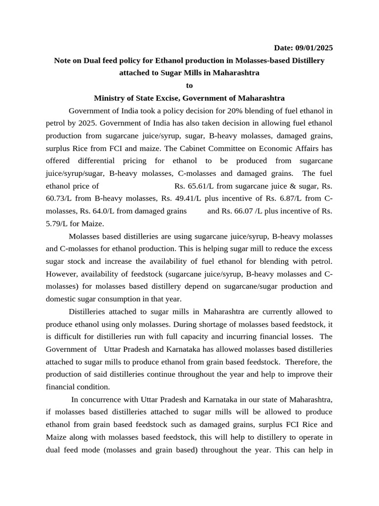 Dual Feed Ethanol Policy for Maharashtra | PDF | Sugarcane | Molasses