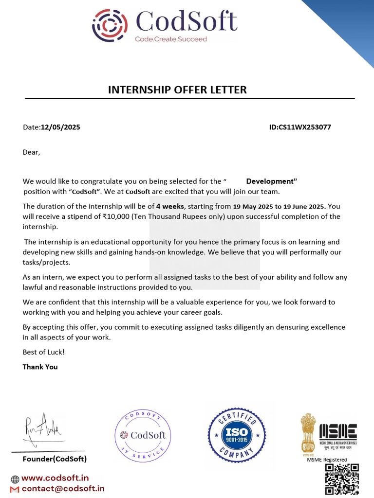 CodSoft Internship OfferLetter VadanaSura May2025 | PDF