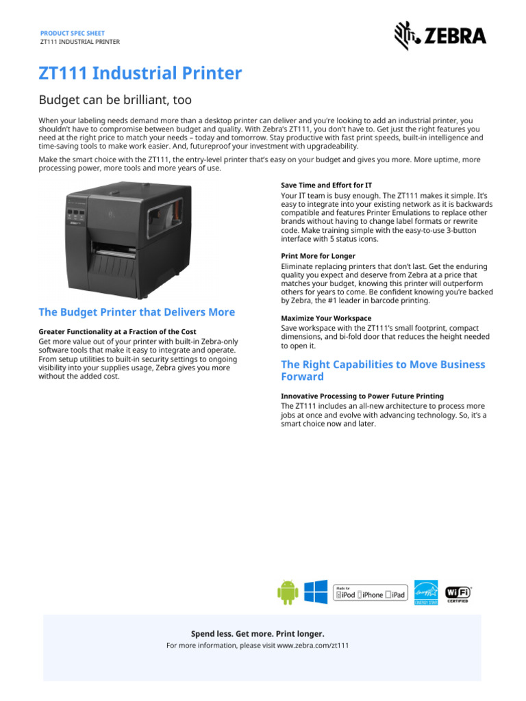 ZEBRA ZT111 Spec Sheet en Us | PDF | Printer (Computing) | Barcode