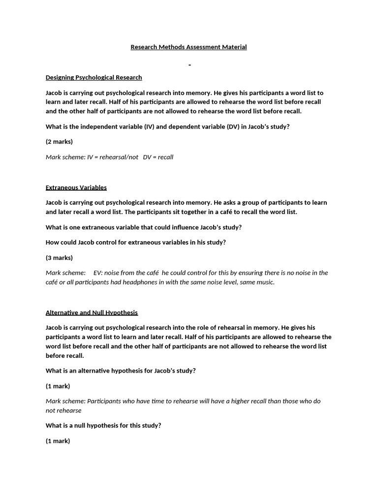 Research Methods Assessment Material | PDF | Sampling (Statistics) | Memory