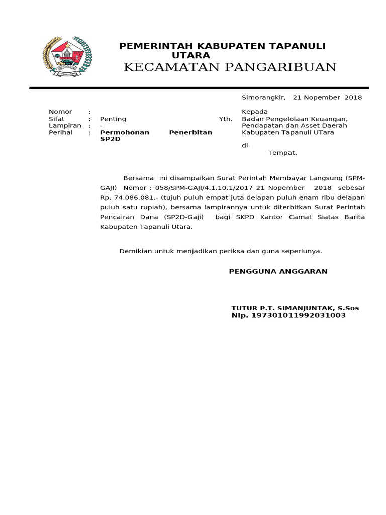 Permohonan Untuk Penerbitan Sp2d 2016 | PDF