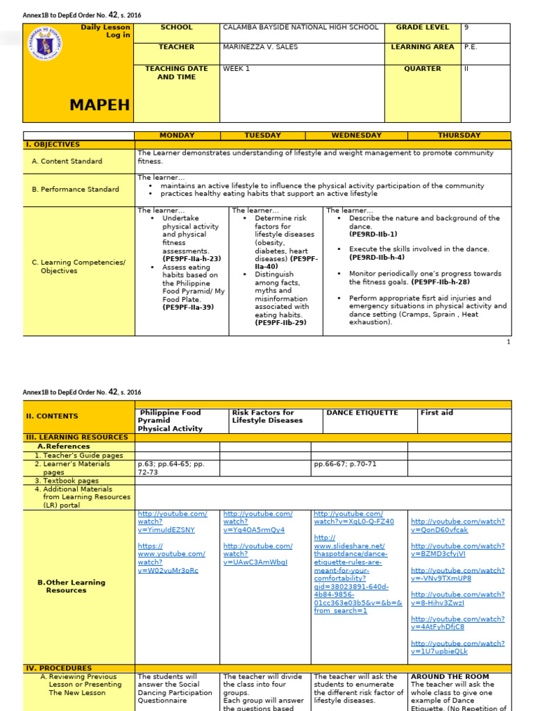 q2 Grade 9 Pe DLL Week 1 | PDF | Physical Education | Learning