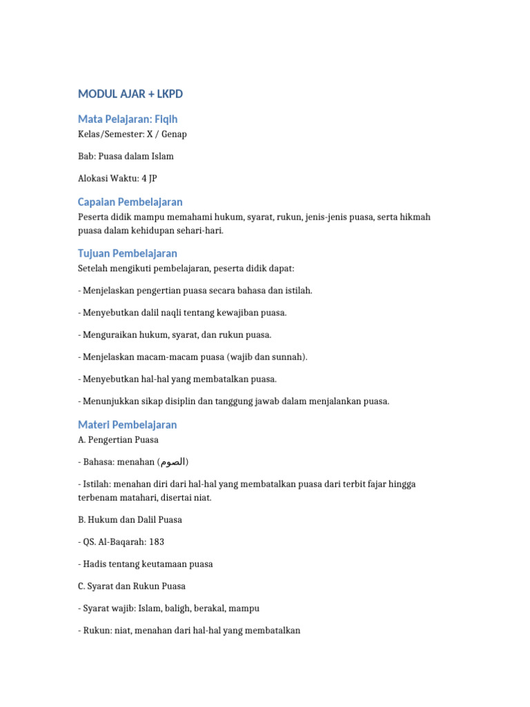 Modul Ajar Dan LKPD Puasa Kelas X MA | PDF