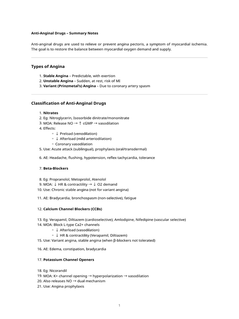 Anti Anginal Drugs Notes | PDF | Vascular Diseases | Diseases And Disorders