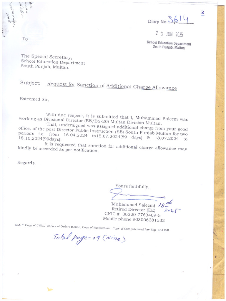 3614 Request For Sanction of Additional Charge Allowance | PDF