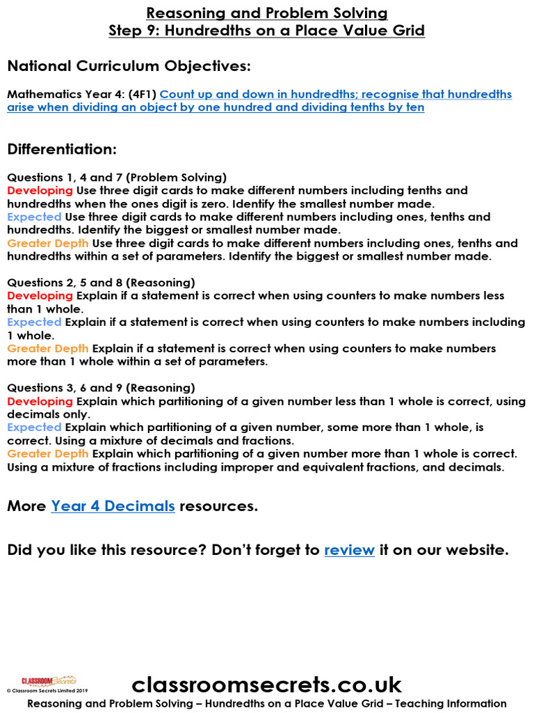 SSM Year 4 Spring Block 4 Step 9 RPS Hundredths on a Place Value Grid ...