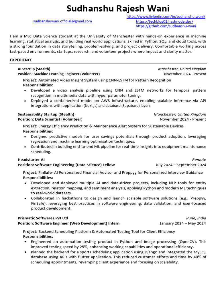 Sudhanshu Rajesh Wani Resume Pdf Machine Learning Data Science