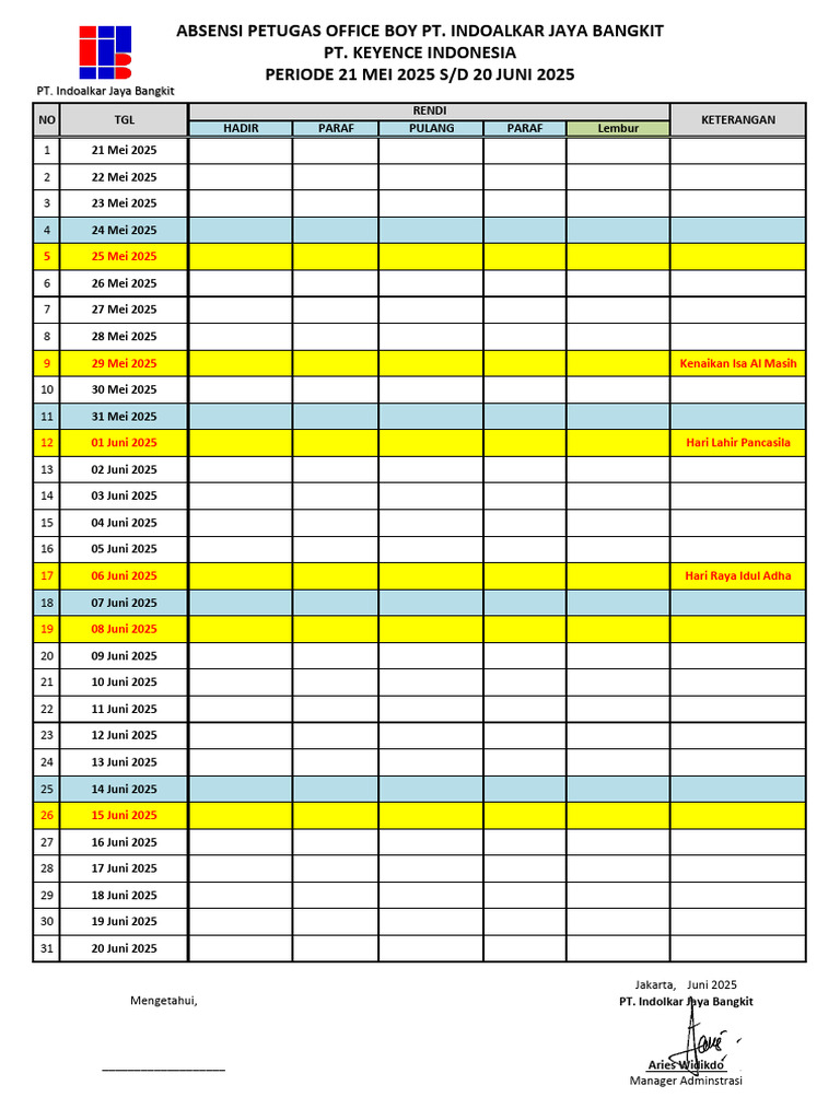 Absen Lemburan OB PT. Keyence Jakarta Juni 2025 | PDF