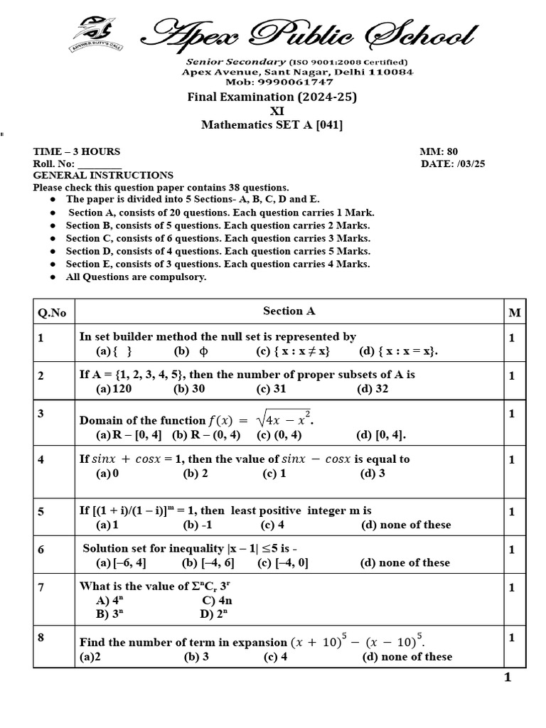 XI Maths Final Exam set A- 2024-25 | PDF | Mathematical Objects | Mathematical Analysis