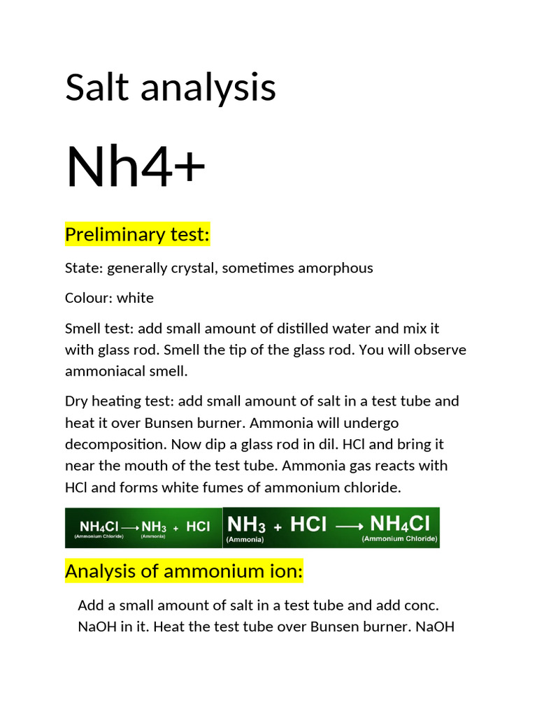 Salt Analysis: NH4+ | PDF