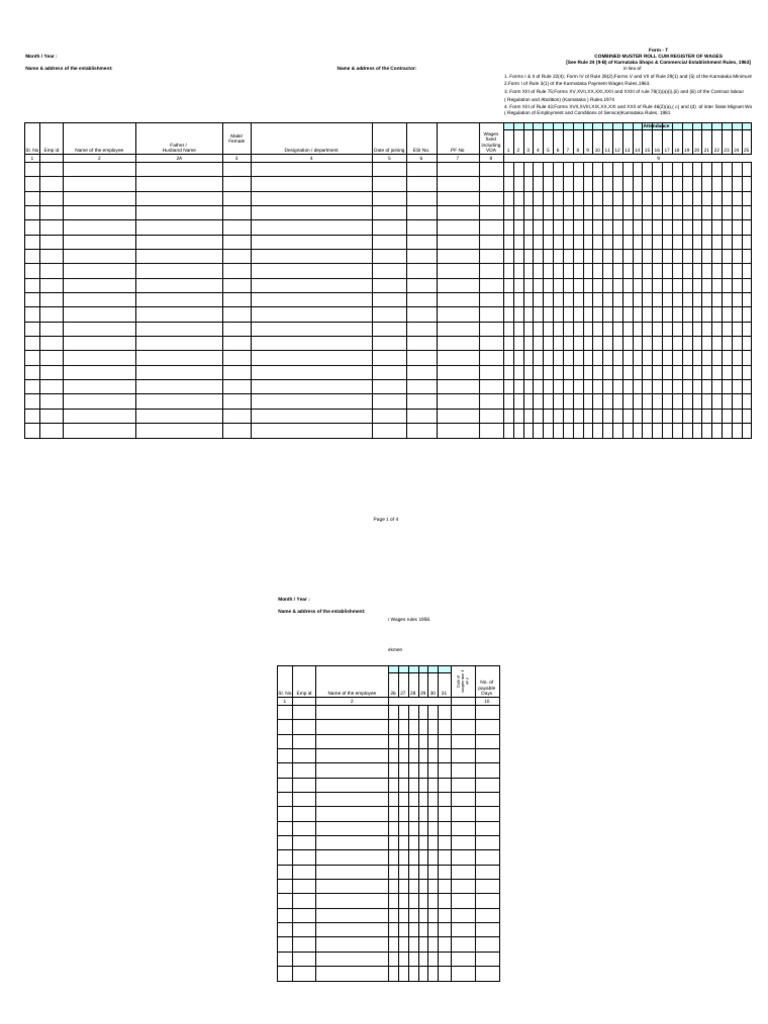 Form T Combined Muster Roll and Wage Register | PDF | Employment ...