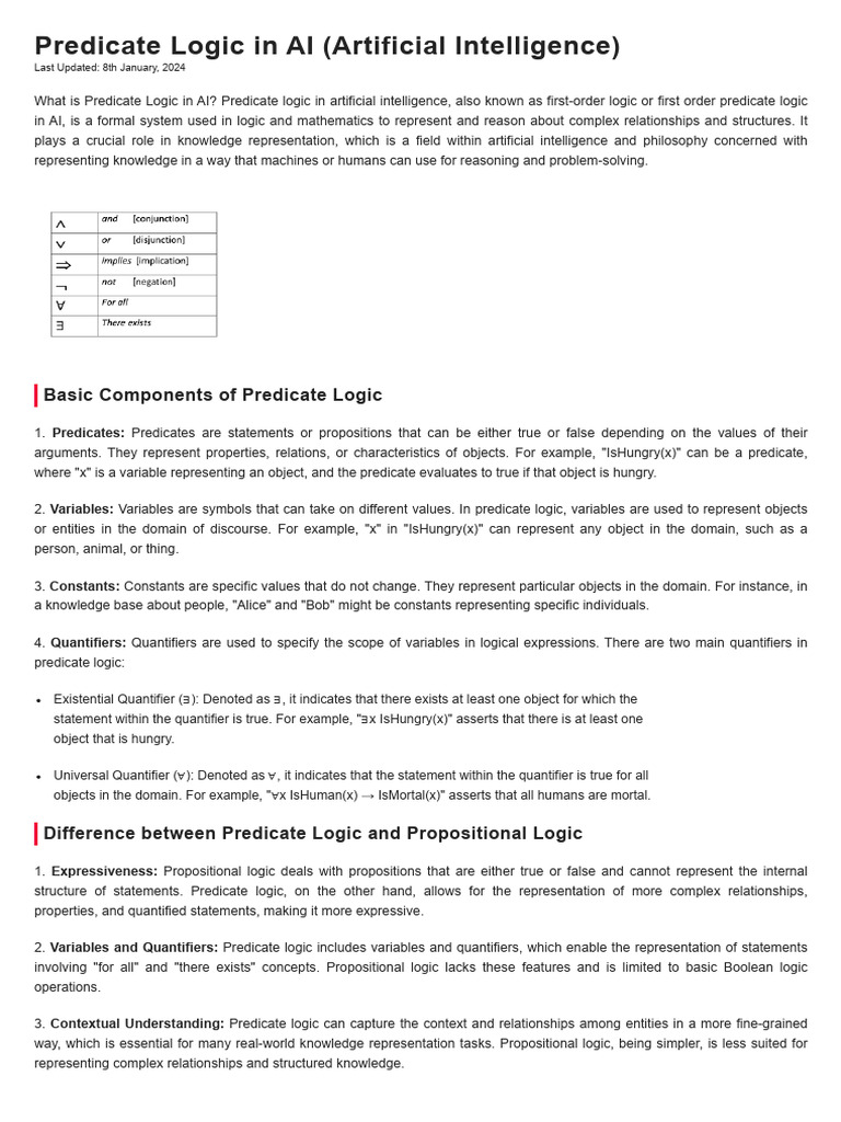 4-Predicate Logic in AI (Artificial Intelligence) | PDF | Logic | First Order Logic