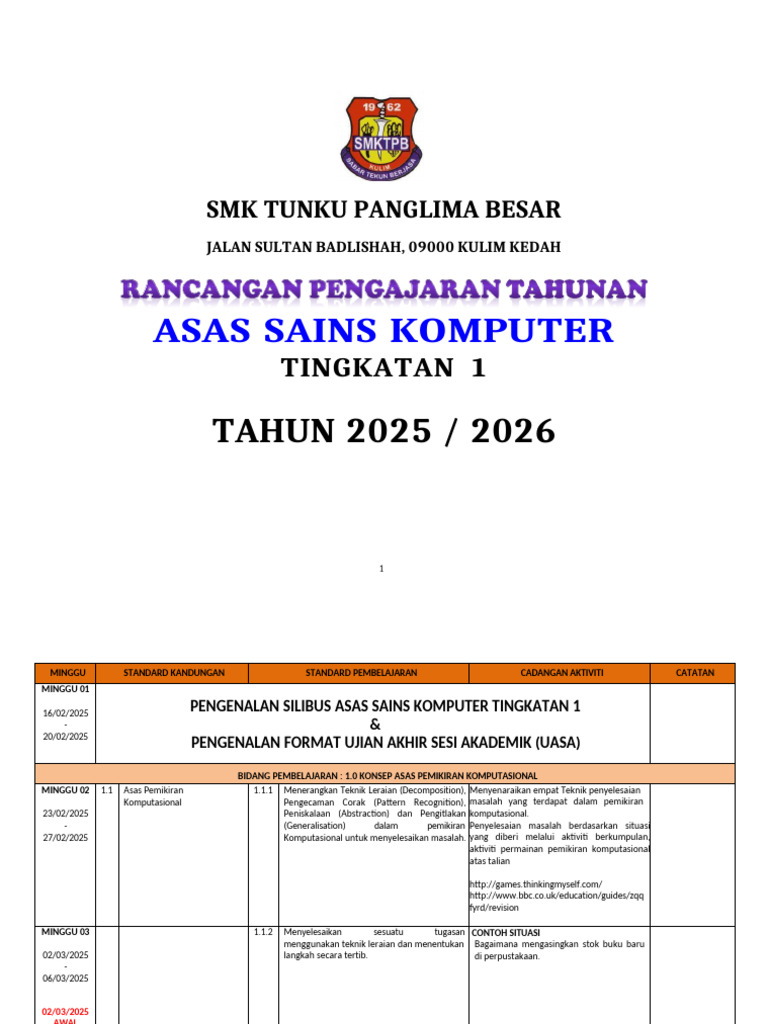 RPT ASK Tingkatan 1 2025 | PDF