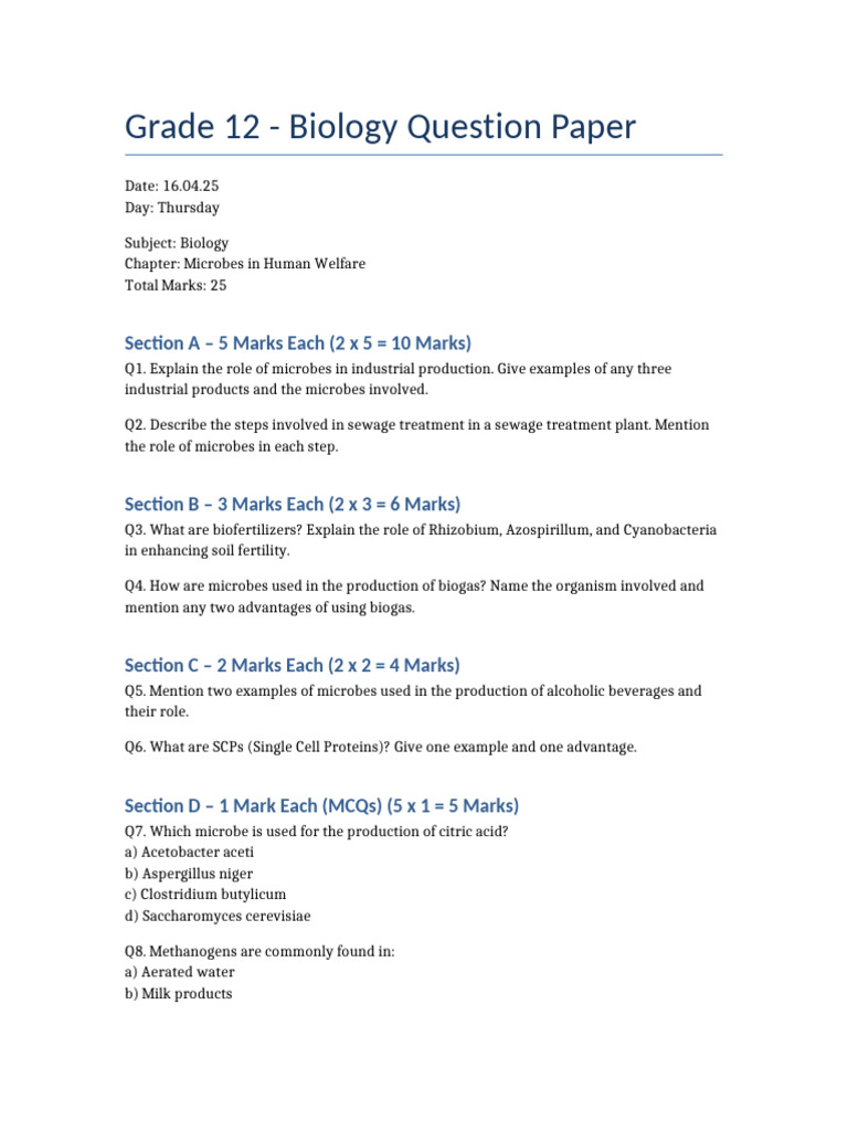 Grade12 Biology QuestionPaper | PDF