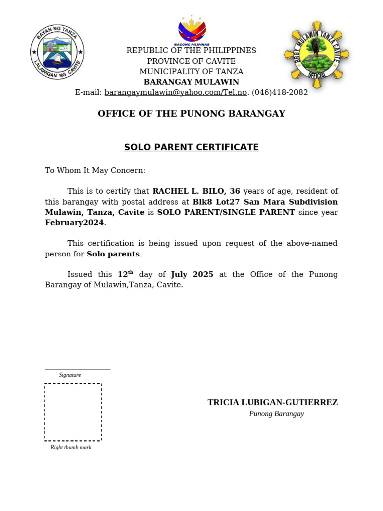 Solo Parent Certificate Template | PDF