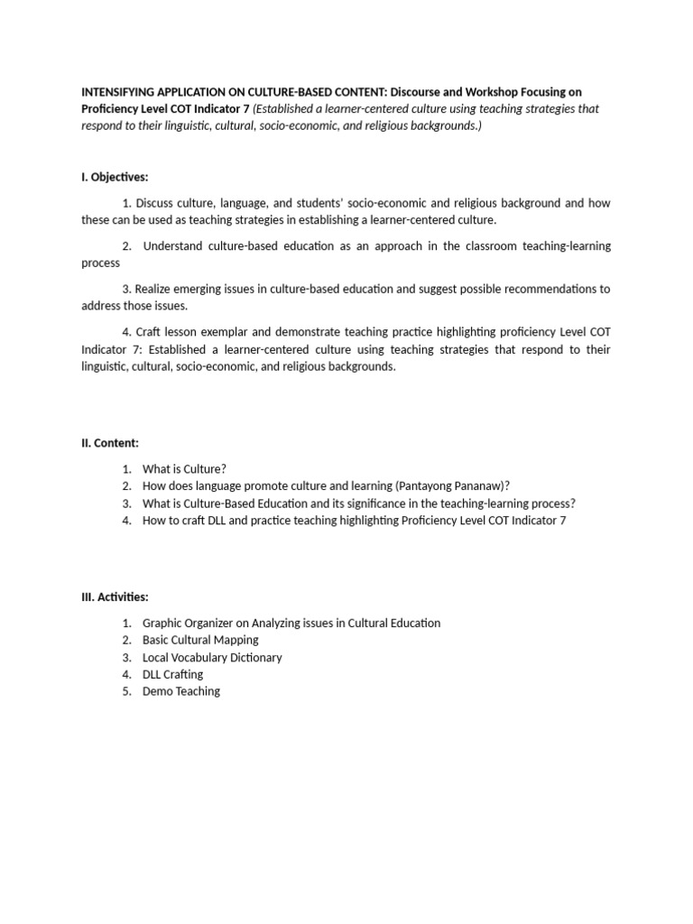 Discourse and Workshop On Proficiency Level COT Indicator 7 | PDF