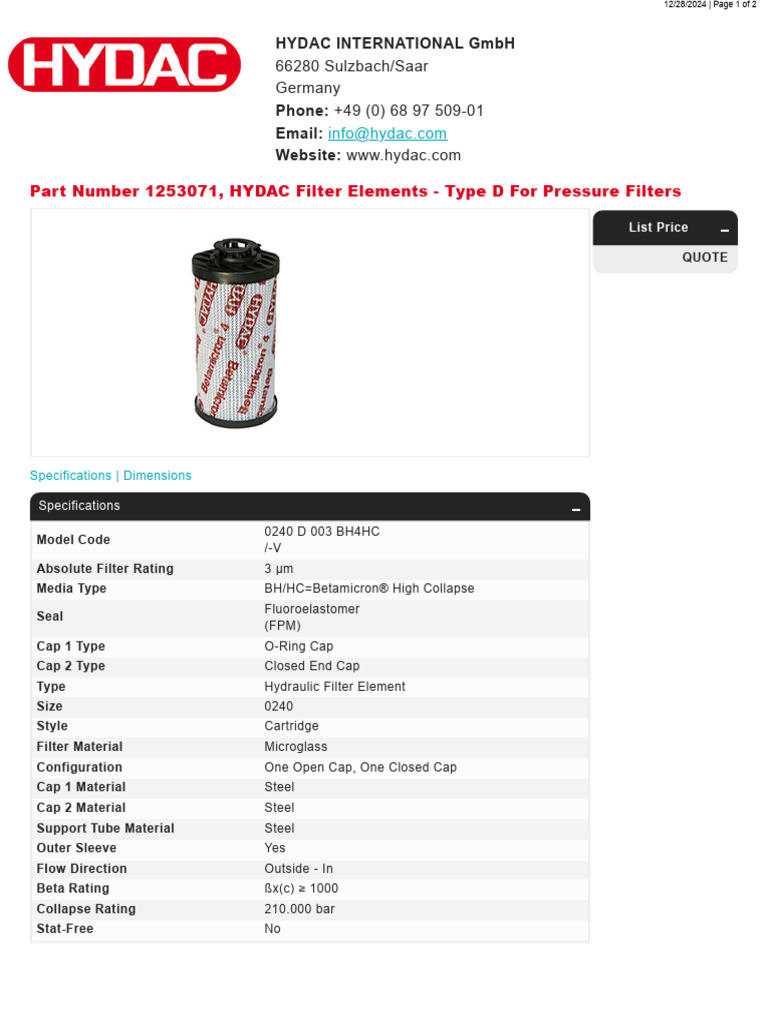 0240 D 003 Bh4hcv Hydac | PDF