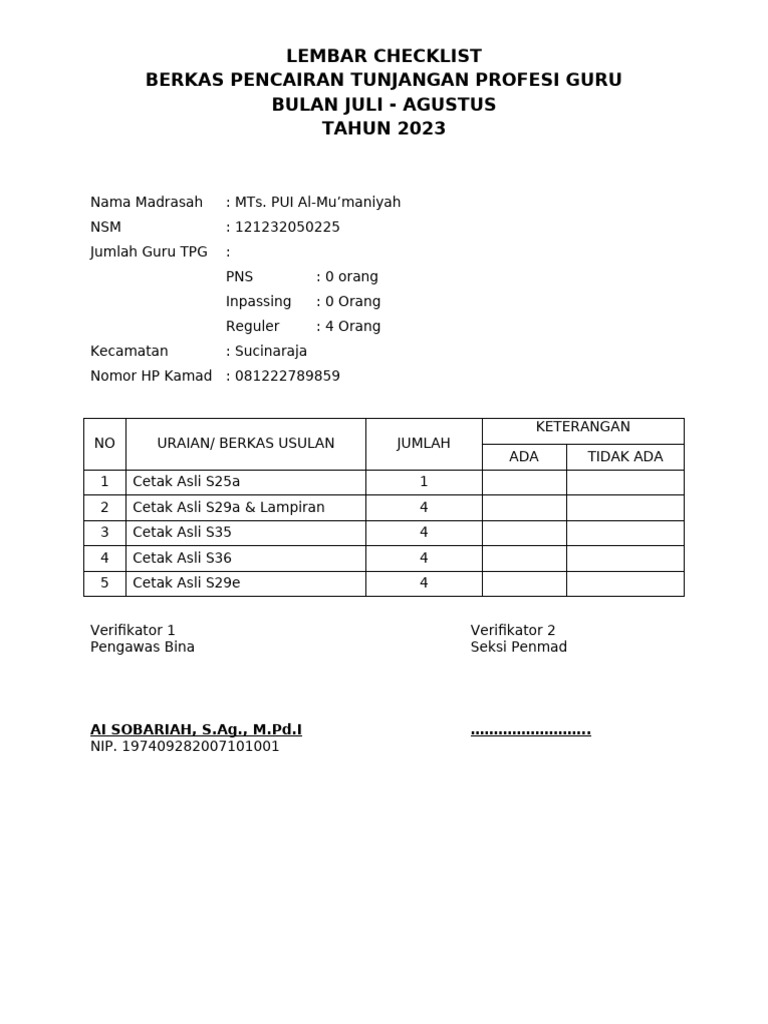 Lembar Checklist | PDF