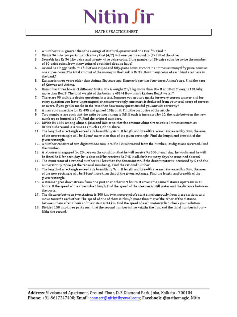 Class 8 Math Practice Sheet | PDF | Speed