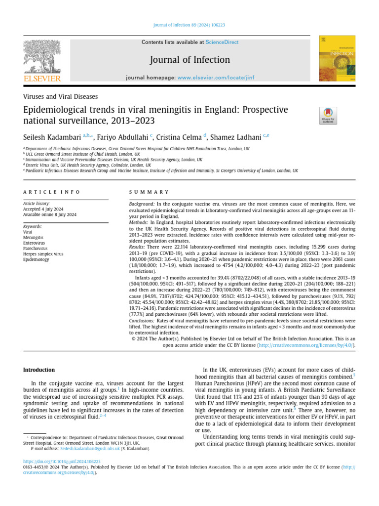 Journal of Infection 2024 - Viral Meningitis | PDF | Meningitis | Infection