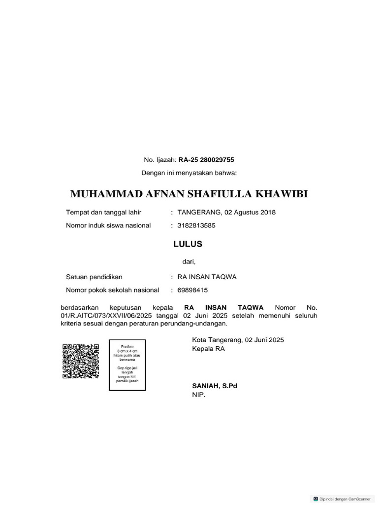 Ijazah 3182813585-Muhammad Afnan Shafiulla Khawibi | PDF