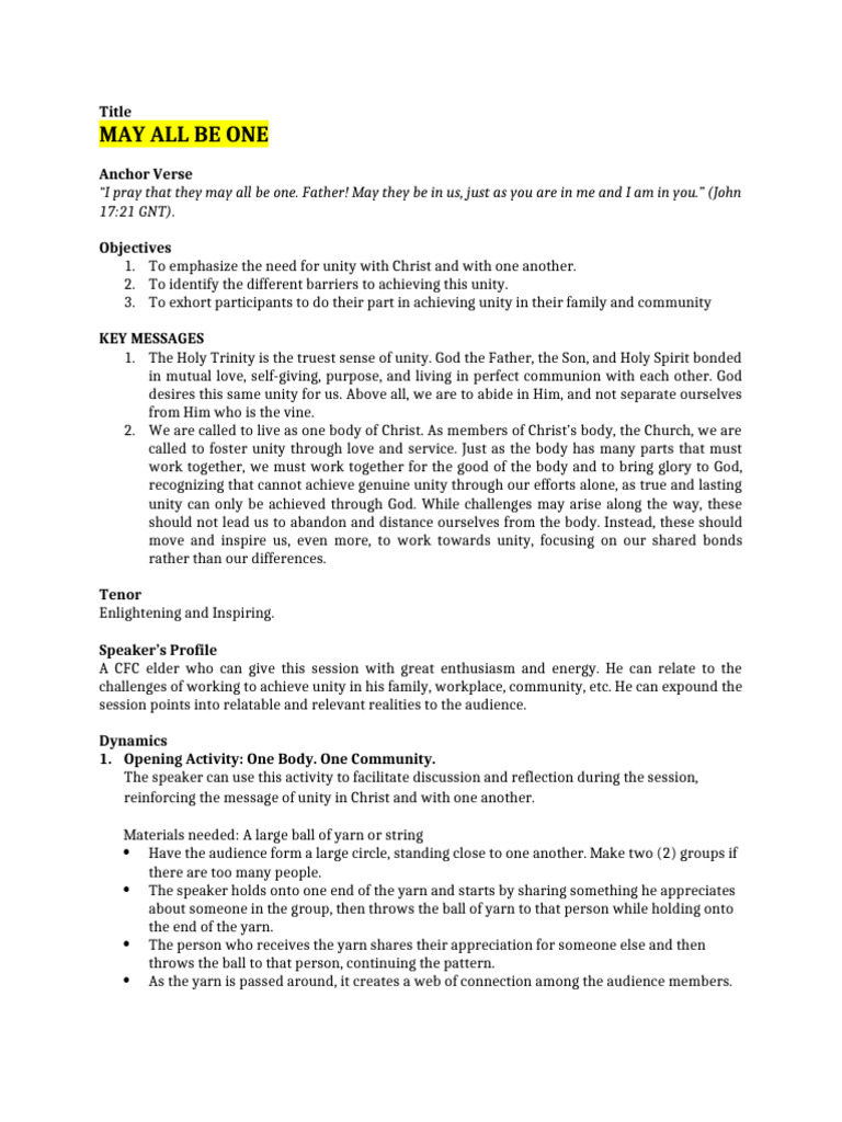 Session 3 May They Be One (Final) | PDF | Jesus | Love