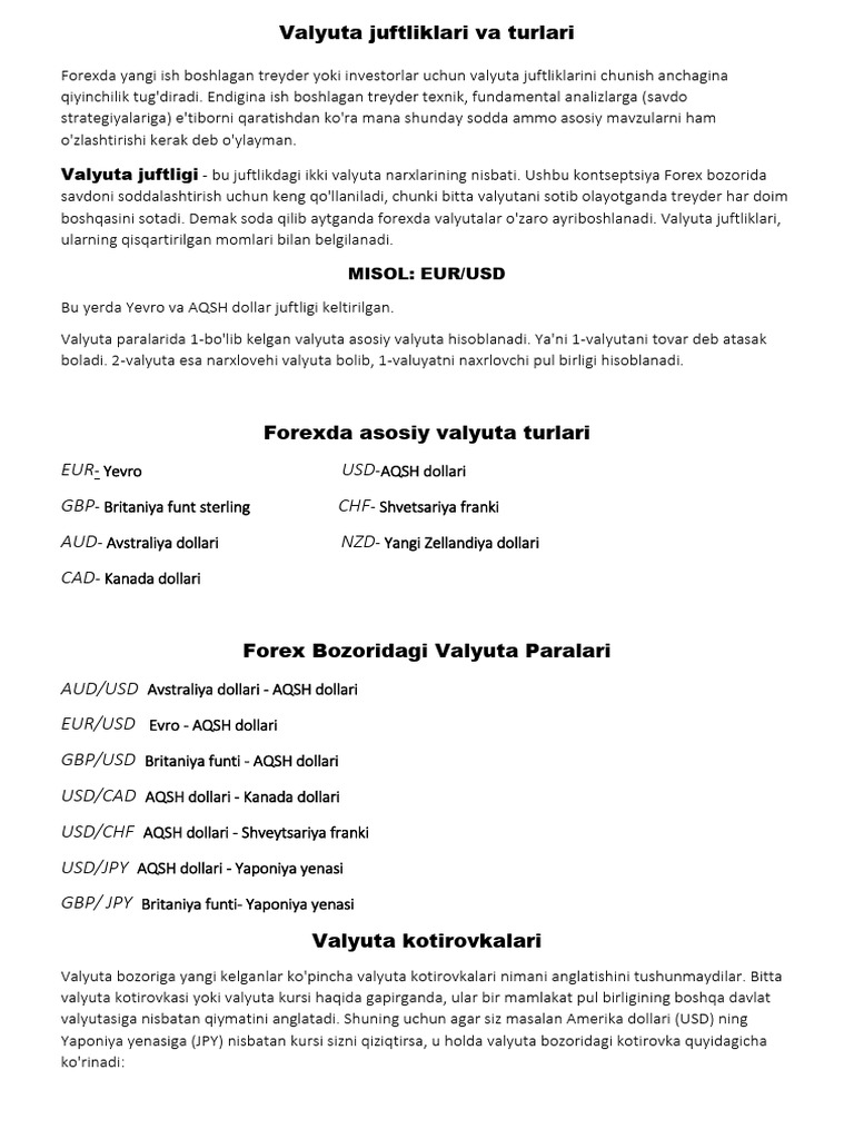 Forexda Yangi Ish Boshlagan Treyder Yoki Investorlar Uchun Valyuta | PDF